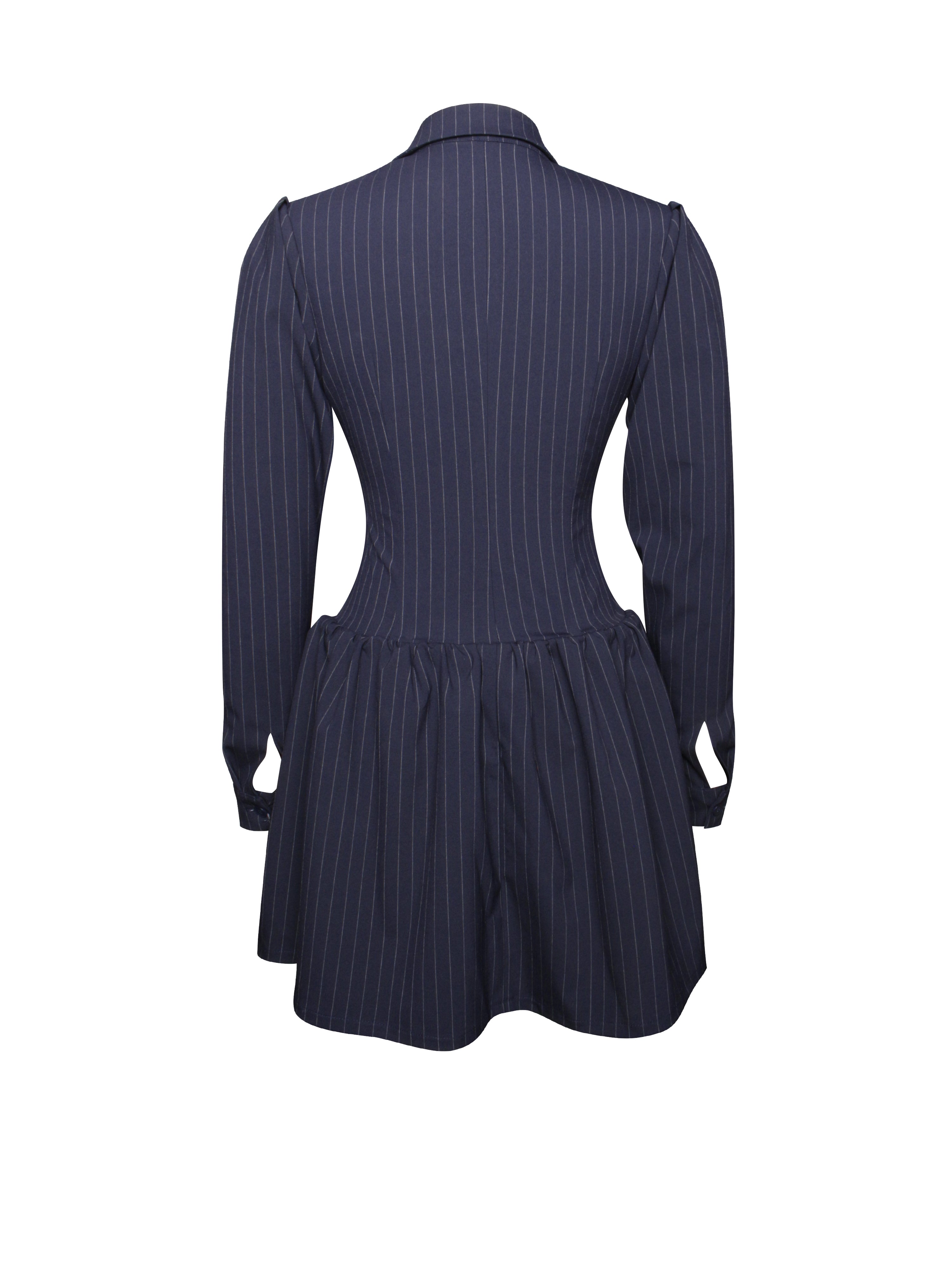 Navy Blue Pinstripe Mini Dress with Long Sleeves - Miss Circle